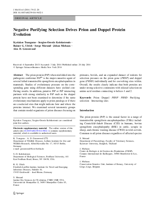 Pdf Negative Purifying Selection Drives Prion And Doppel Protein