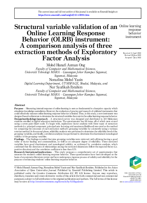 (PDF) Structural variable validation of an Online Learning Response Behavior (OLRB) instrument ...