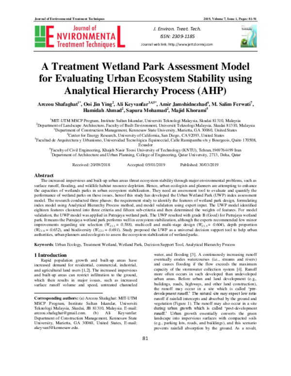 (PDF) A Treatment Wetland Park Assessment Model for Evaluating Urban Ecosystem Stability using ...