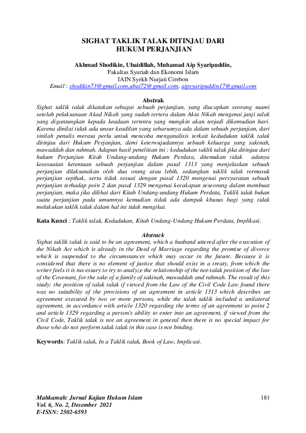 (PDF) Sighat Taklik Talak Ditinjau Dari Hukum Perjanjian