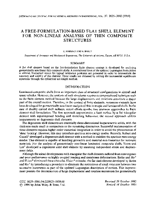 (PDF) A free-formulation-based flat shell element for non-linear analysis of thin composite ...