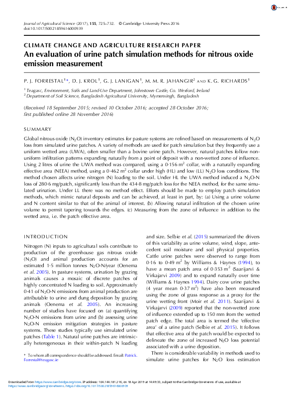(PDF) An evaluation of urine patch simulation methods for nitrous oxide emission measurement