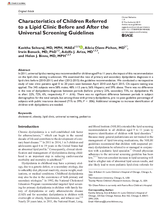 (PDF) Characteristics of Children Referred to a Lipid Clinic Before and ...