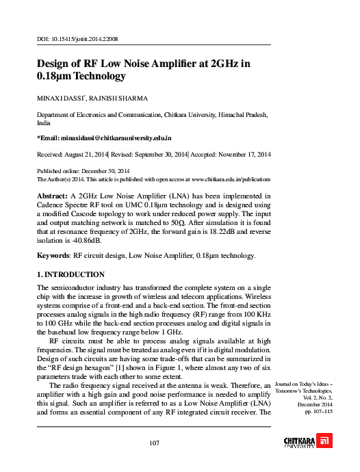(PDF) Design of RF Low Noise Amplifier at 2GHz in 0.18µm Technology