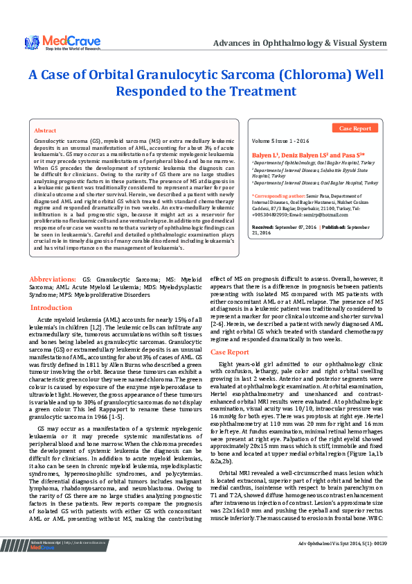 (PDF) A Case of Orbital Granulocytic Sarcoma (Chloroma) Well Responded ...