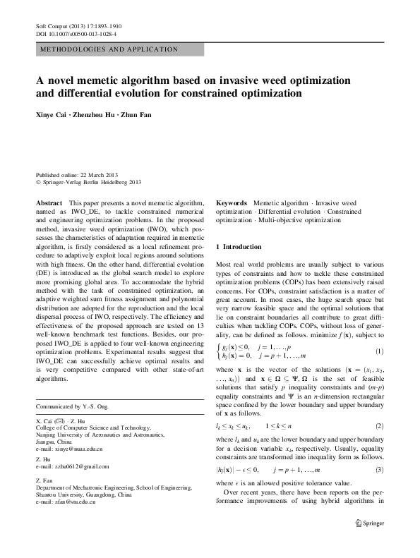 Pdf A Novel Memetic Algorithm Based On Invasive Weed Optimization And 9057