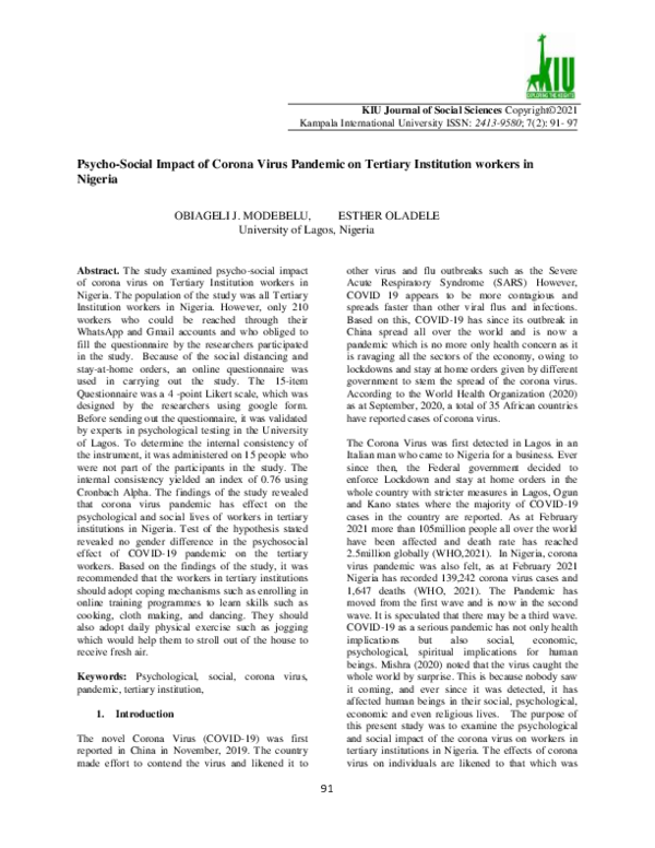(PDF) Psycho-Social Impact of Corona Virus Pandemic on Tertiary ...
