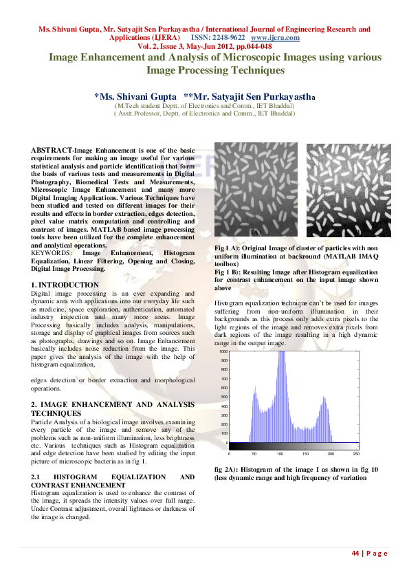 (PDF) Image Enhancement and Analysis of Microscopic Images using various Image Processing Techniques