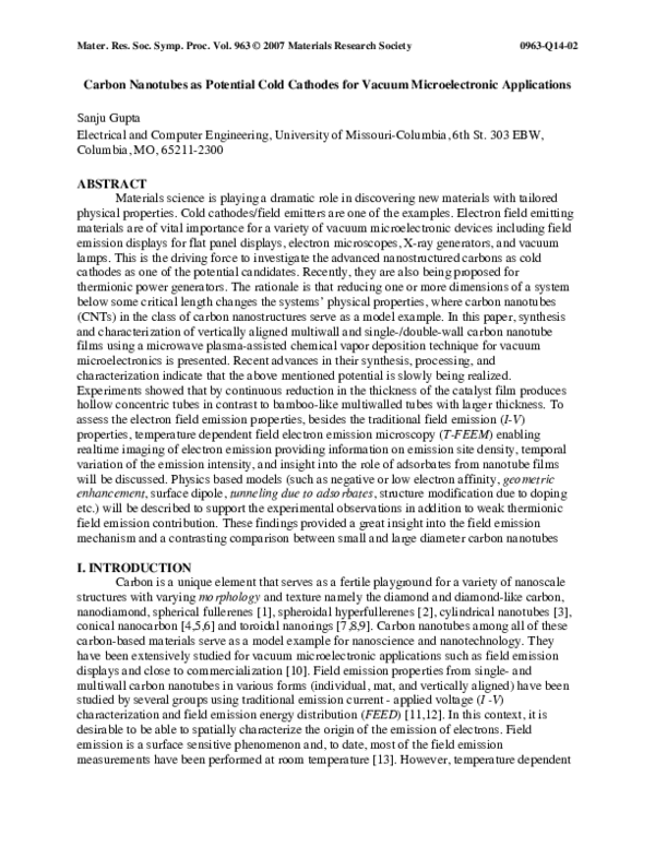 (PDF) Carbon Nanotubes as Potential Cold Cathodes for Vacuum Microelectronic Applications