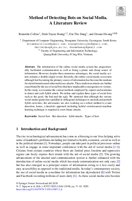 Pdf Method Of Detecting Bots On Social Media A Literature Review