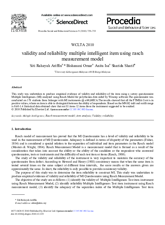 (PDF) Validity and reliability multiple intelligent item using rasch measurement model