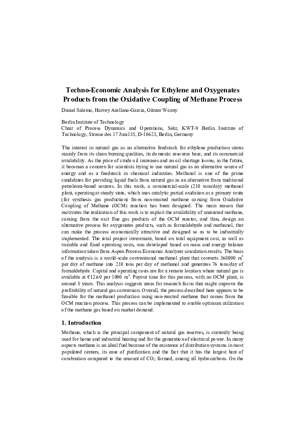 (PDF) Techno-Economic Analysis for Ethylene and Methanol Production ...