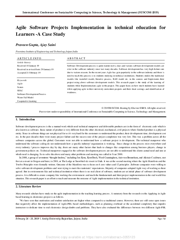 (PDF) Agile Software Projects Implementation in Technical Education for Learners – A Case Study ...