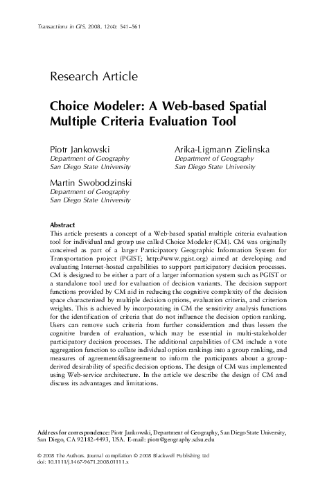 (PDF) Choice Modeler: A Web-based Spatial Multiple Criteria Evaluation Tool | Piotr Jankowski ...