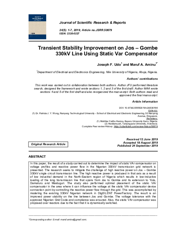 (PDF) Transient Stability Improvement on Jos – Gombe 330kV Line Using Static Var Compensator