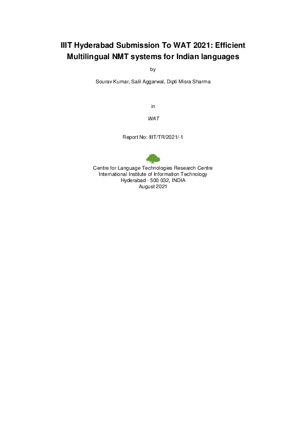(PDF) IIIT Hyderabad Submission To WAT 2021: Efficient Multilingual NMT ...
