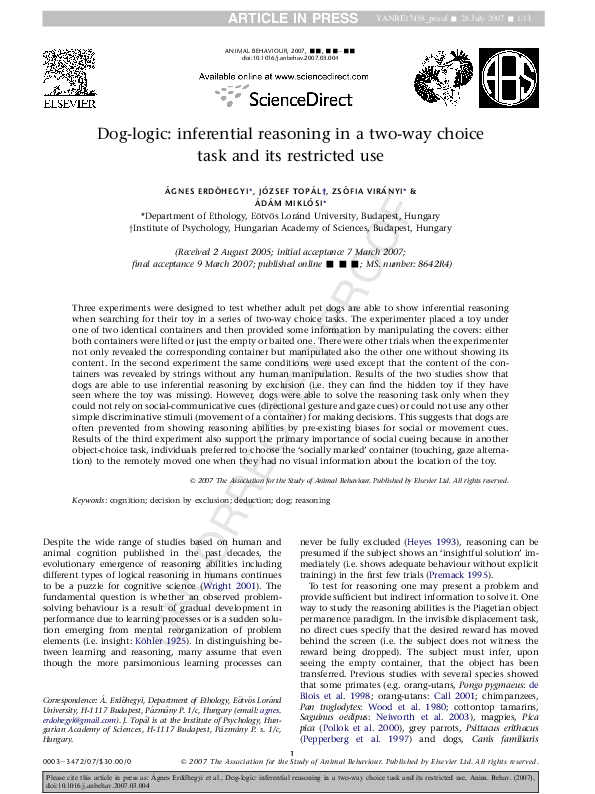 (PDF) Dog-logic: inferential reasoning in a two-way choice task and its ...
