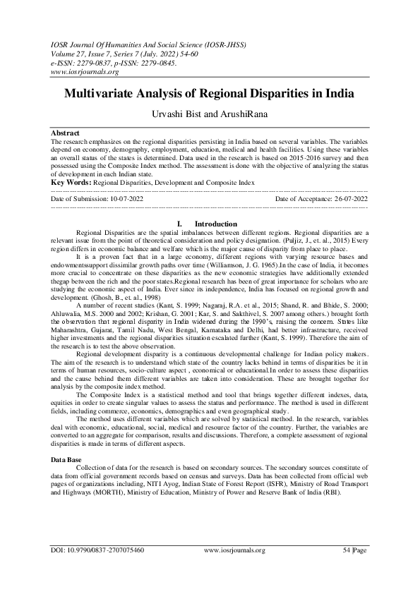 (PDF) Multivariate Analysis of Regional Disparities in India