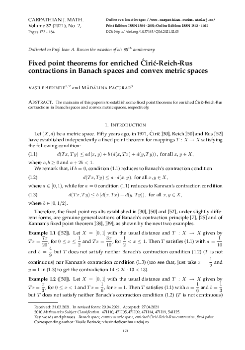 Pdf Fixed Point Theorems For Enriched Ćirić Reich Rus Contractions In Banach Spaces And Convex