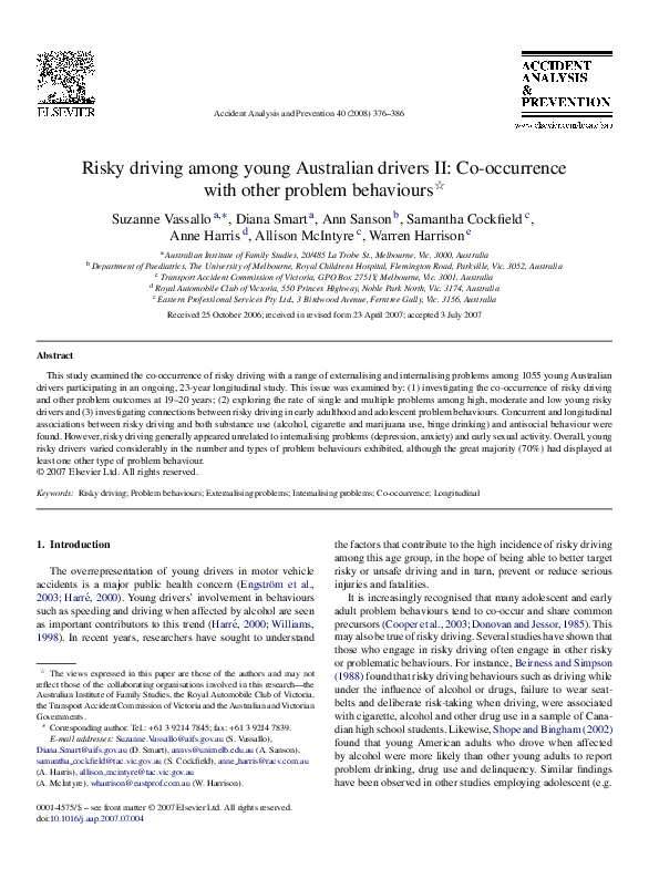 (PDF) Risky driving among young Australian drivers II: Co-occurrence with other problem ...