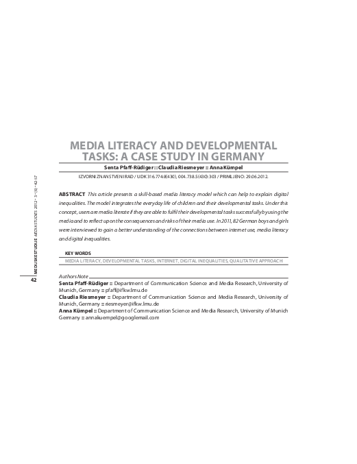 (PDF) Media Literacy and Developmental Tasks: A Case Study in Germany