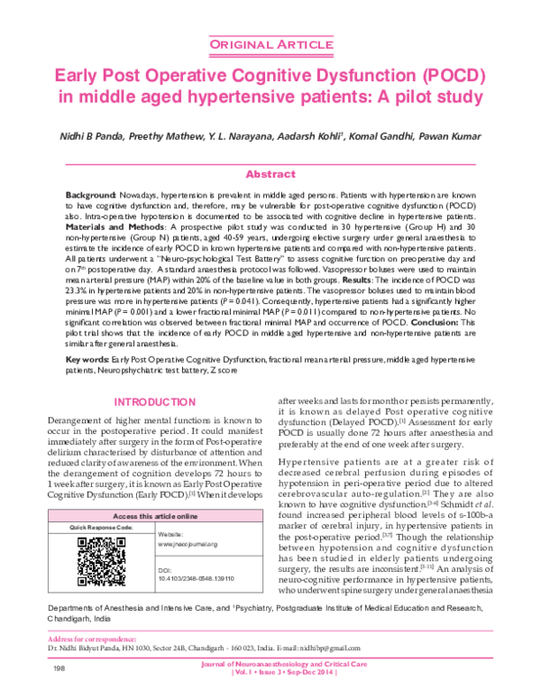 (PDF) Early Post Operative Cognitive Dysfunction (POCD) in middle aged ...