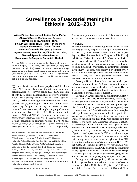 (PDF) Surveillance of Bacterial Meningitis, Ethiopia, 2012–2013 | Einar ...