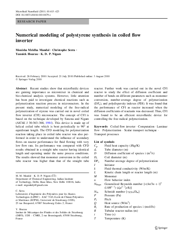 (PDF) Numerical modeling of polystyrene synthesis in coiled flow inverter