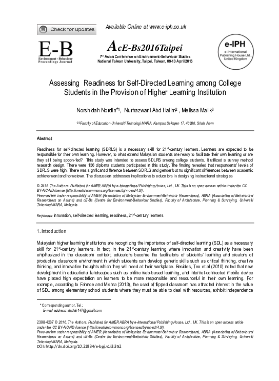 (PDF) Assessing Readiness for Self-Directed Learning among College Students in the Provision of ...