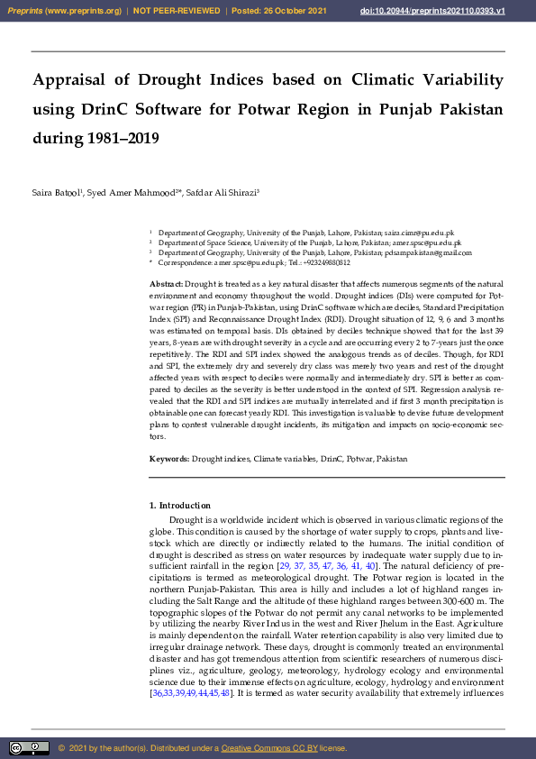 (PDF) Appraisal of Drought Indices based on Climatic Variability using DrinC Software for Potwar ...