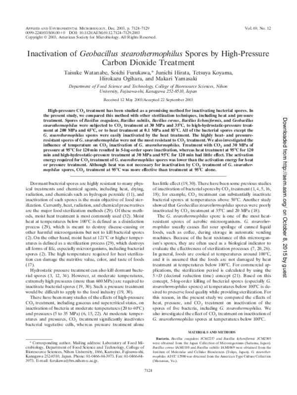 (PDF) Inactivation of Geobacillus stearothermophilus Spores by High ...