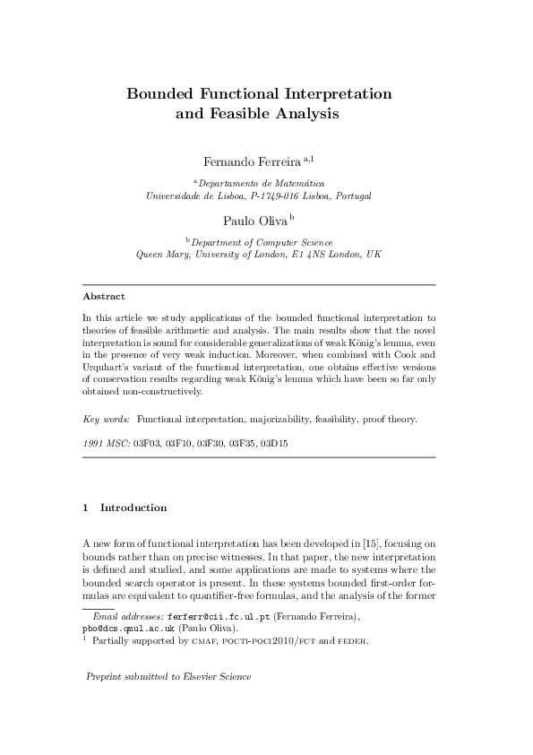 (PDF) Bounded functional interpretation and feasible analysis | Fernando Ferreira - Academia.edu