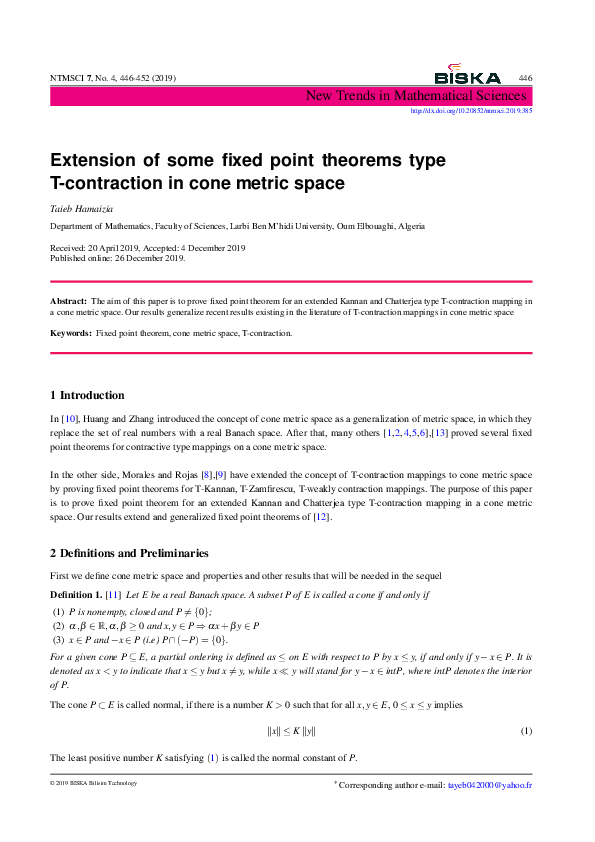 Pdf Extension Of Some Fixed Point Theorems Type T Contraction In Cone