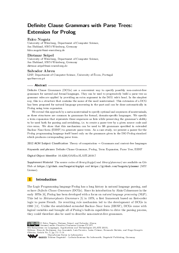 (PDF) Definite Clause Grammars with Parse Trees: Extension for Prolog