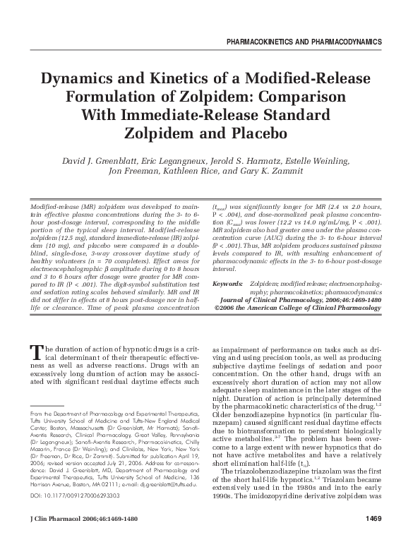Pdf Dynamics And Kinetics Of A Modified Release Formulation Of Zolpidem Comparison With