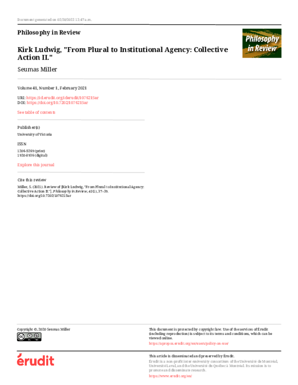 (PDF) Kirk Ludwig, "From Plural to Institutional Agency: Collective ...