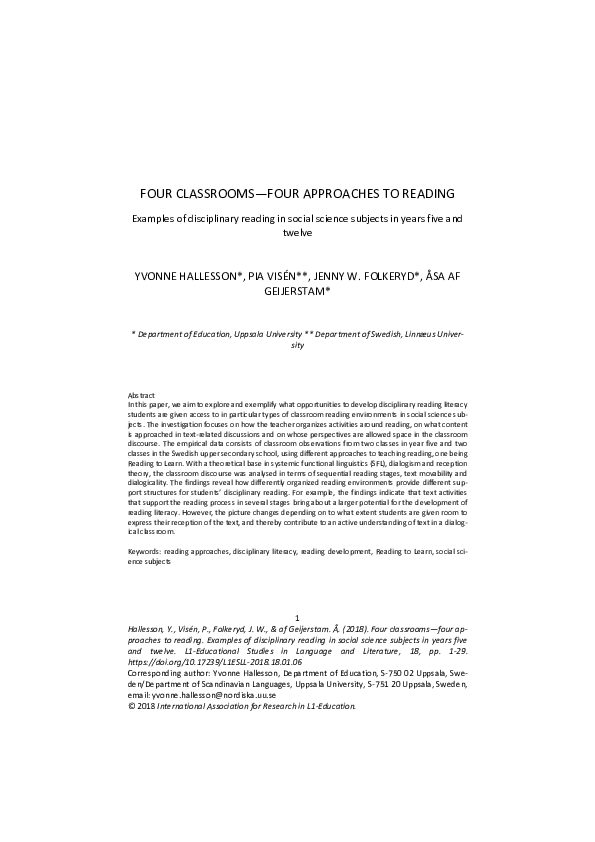(PDF) Four classrooms – four approaches to reading. Examples of ...