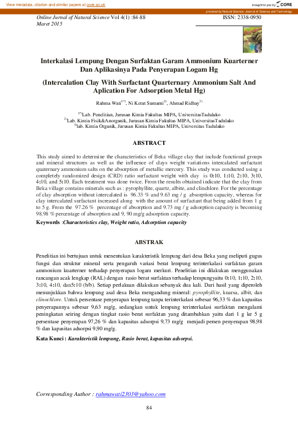 (PDF) Interkalasi Lempung Dengan Surfaktan Garam Ammonium Kuarterner ...