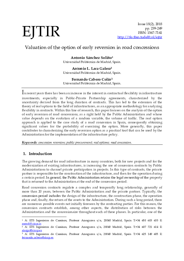 (PDF) Valuation of the option of early reversion in road concessions ...