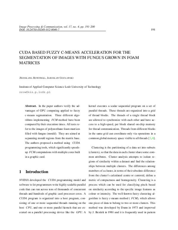 Pdf Cuda Based Fuzzy C Means Acceleration For The Segmentation Of Images With Fungus Grown In 