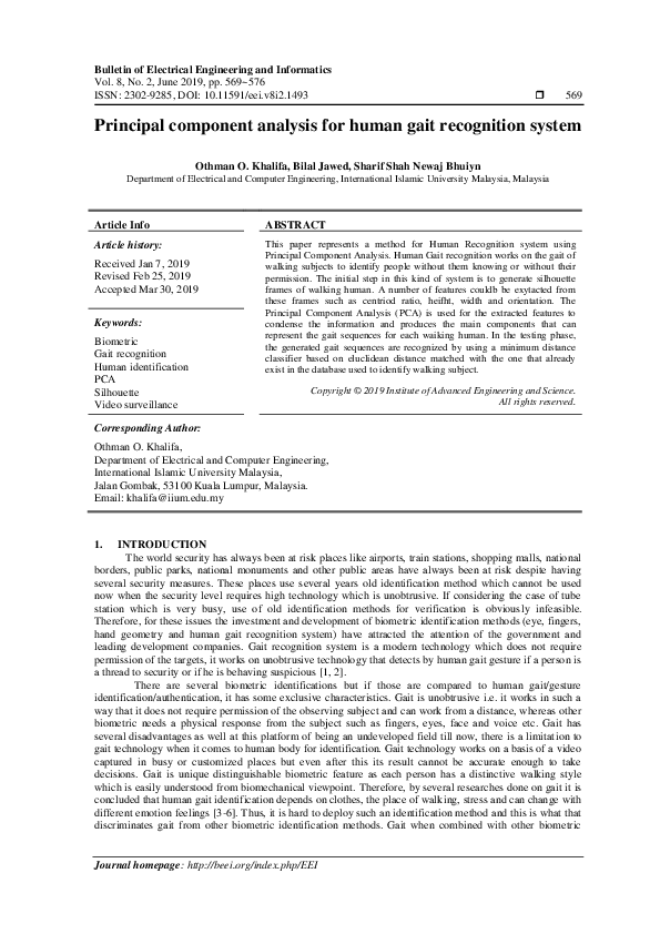Pdf Principal Component Analysis For Human Gait Recognition System