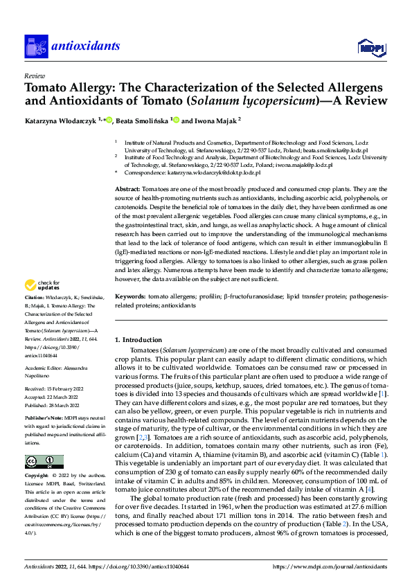 (PDF) Tomato Allergy: The Characterization of the Selected Allergens ...