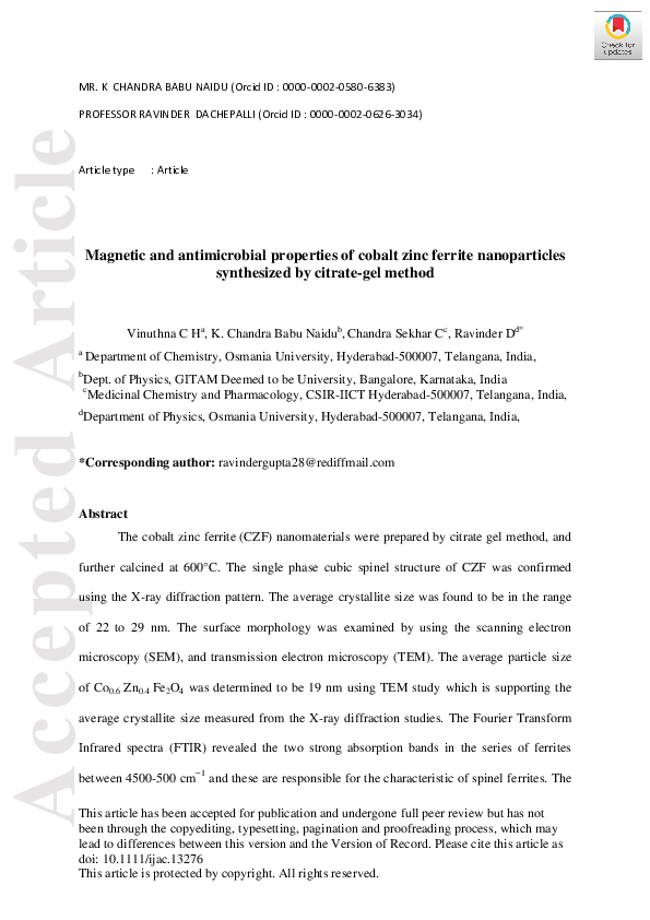 (PDF) Magnetic and antimicrobial properties of cobalt‐zinc ferrite nanoparticles synthesized by ...