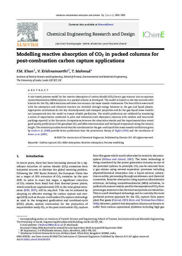 (PDF) Modelling reactive absorption of CO2 in packed columns for post ...