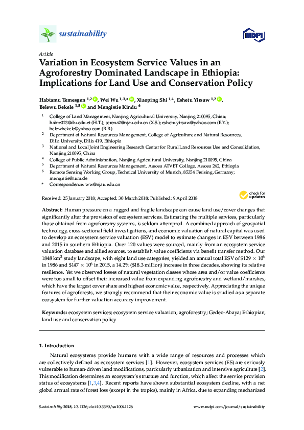 (PDF) Variation in Ecosystem Service Values in an Agroforestry Dominated Landscape in Ethiopia ...