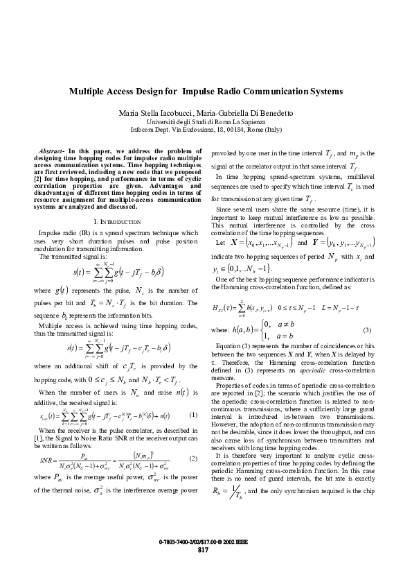(PDF) Multiple access design for impulse radio communication systems | Maria Stella Iacobucci ...
