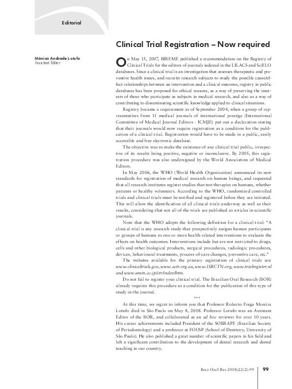 (PDF) Clinical trial registration: now required