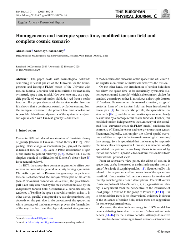(PDF) Homogeneous and isotropic space-time, modified torsion field and ...