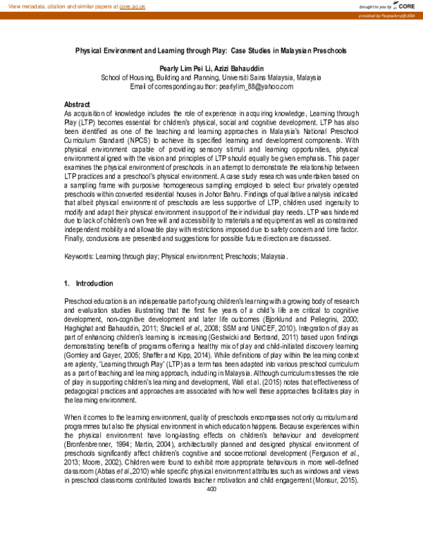(PDF) Physical Environment and Learning through Play: Case Studies in ...