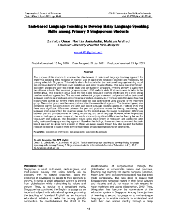 (PDF) Task-based Language Teaching to Develop Malay Language Speaking Skills of Primary 5 ...